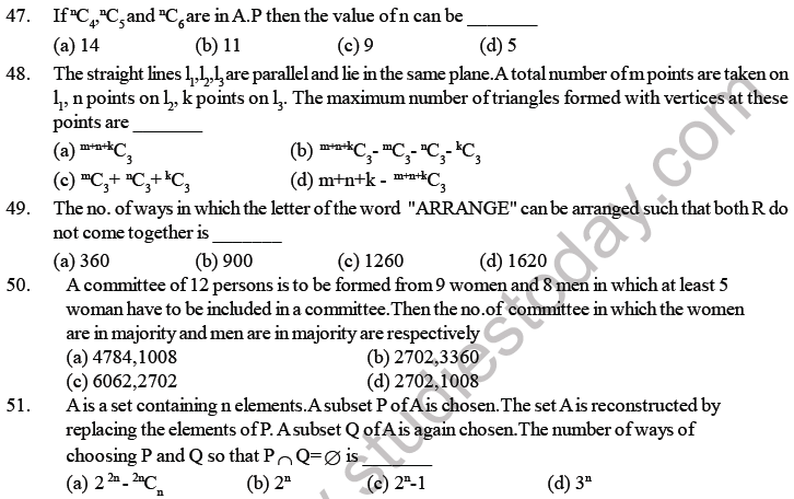 JEE Mathematics Permutation and Combination MCQs Set B, Multiple Choice Questions